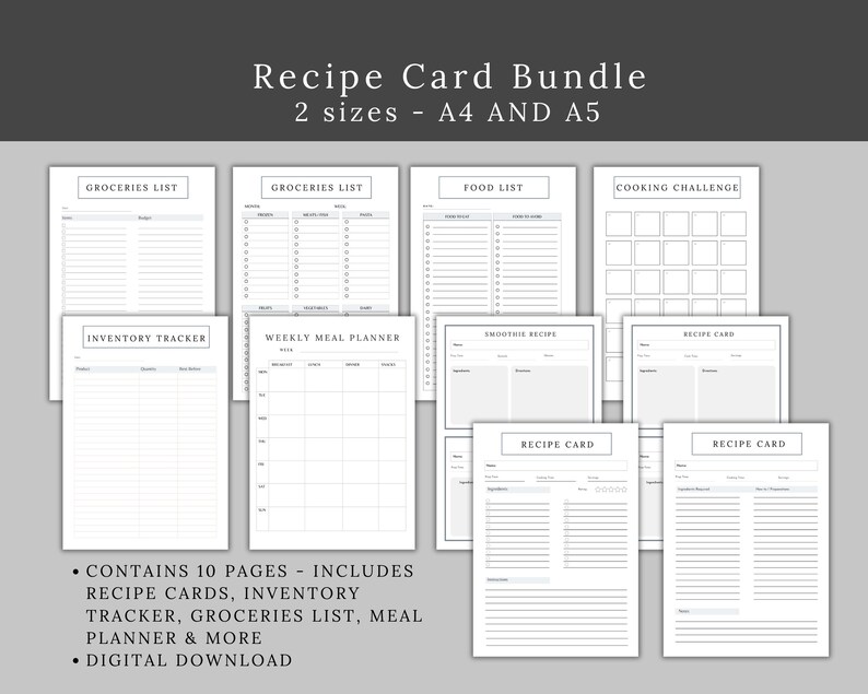 10 Pages Recipe Cards Printable Bundle Groceries List Invetories ...