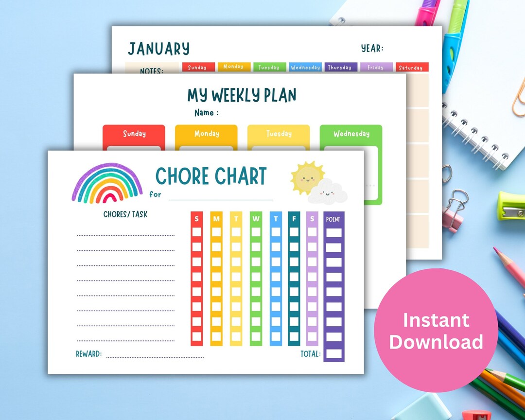 Bundle 14 Pages Kids Rainbow Chore Chart Printable Schedule Daily ...