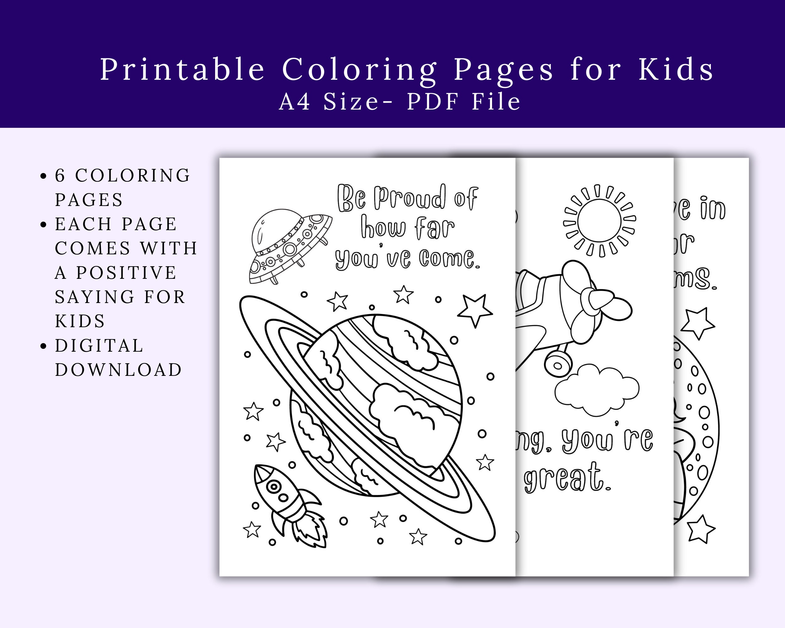 6 Pages Printable Positive Coloring Pages for Kids, Positive Daily ...