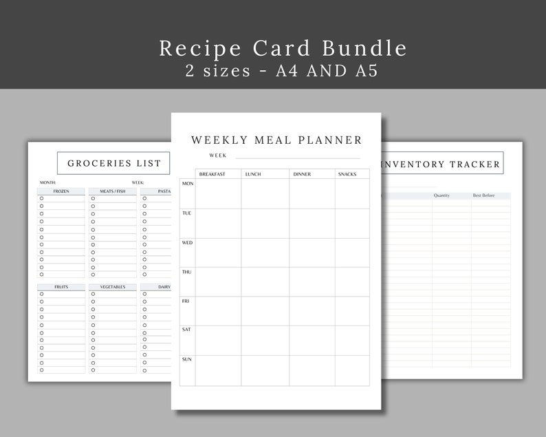 10 Pages Recipe Cards Printable Bundle Groceries List Invetories ...