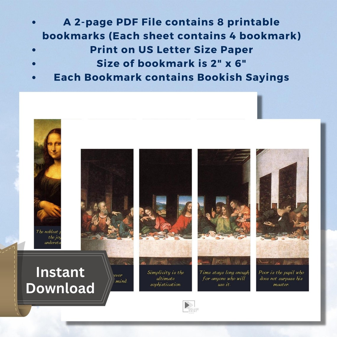 Leonardo Da Vinci Art Printable Bookmarks Set Book Lover Gift Da Vinci ...
