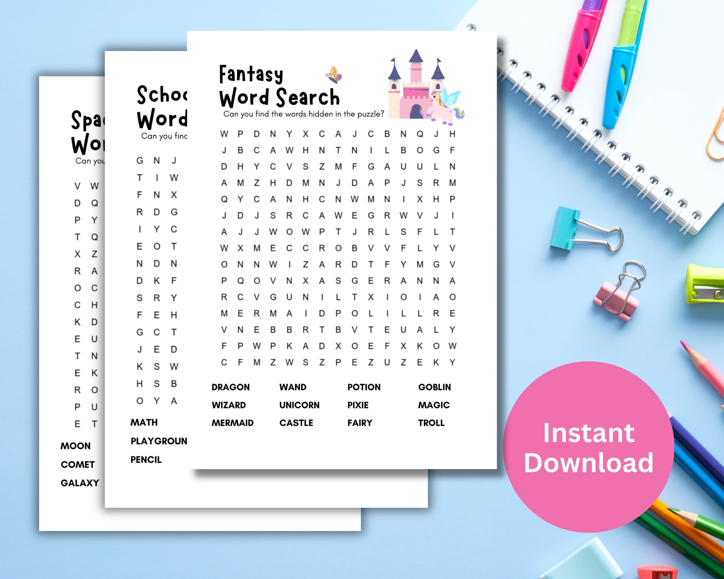 Set of 10 Word Search Puzzle Worksheet Printable With Answer for Kids ...