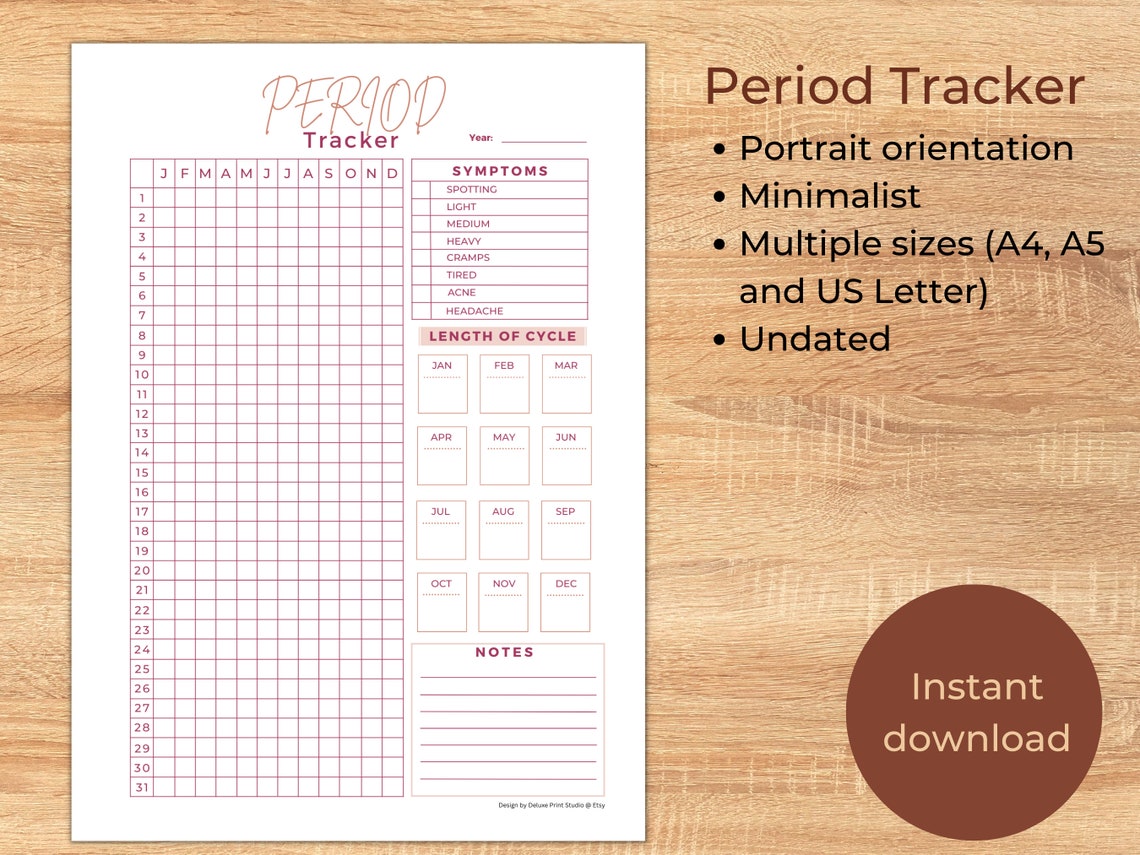 Period Tracker Printable, A4, A5, US Letter, Menstrual Cycle and ...