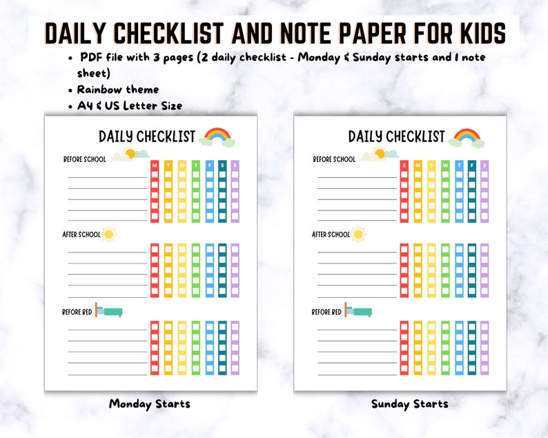Kids Daily School Checklist Printable Kids Chore Charts Schedule ...