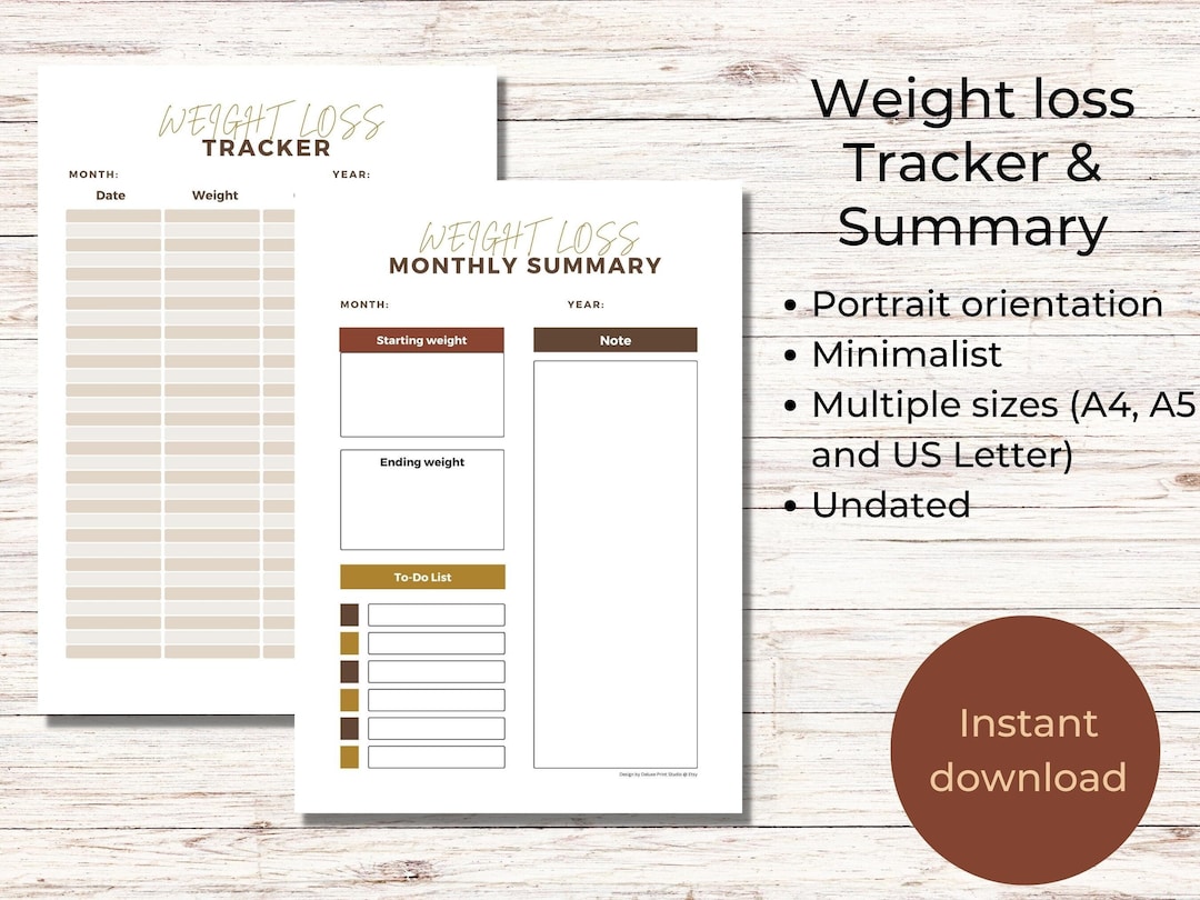 Weight Loss Tracker Printable, Weight Loss Monthly Summary, A4, A5, US ...