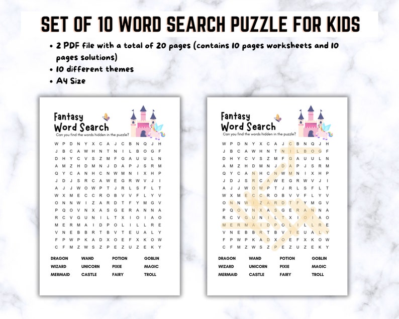 Set of 10 Word Search Puzzle Worksheet Printable With Answer for Kids ...