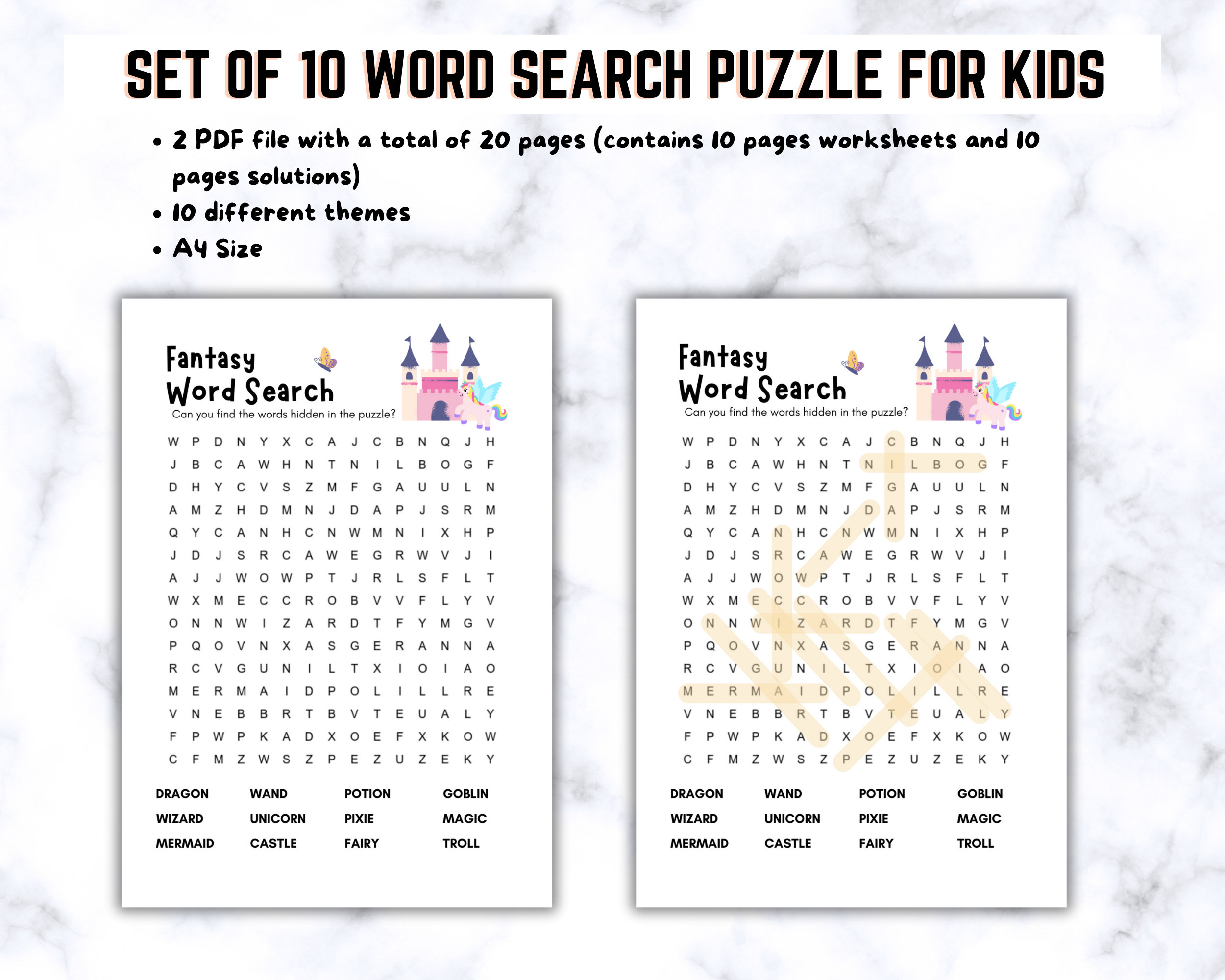 Set of 10 Word Search Puzzle Worksheet Printable With Answer for Kids ...