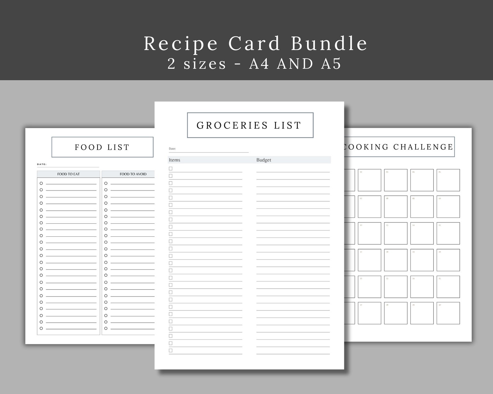 10 Pages Recipe Cards Printable Bundle Groceries List Invetories ...