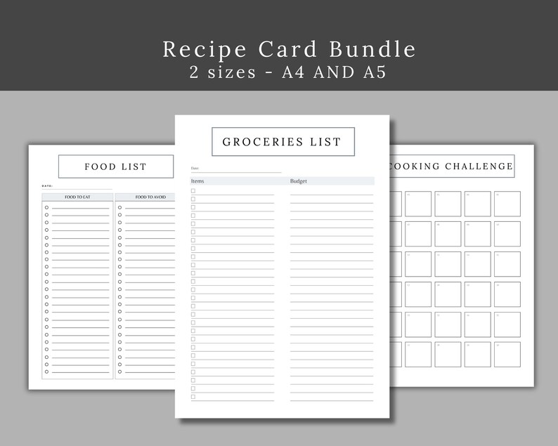 10 Pages Recipe Cards Printable Bundle Groceries List Invetories ...