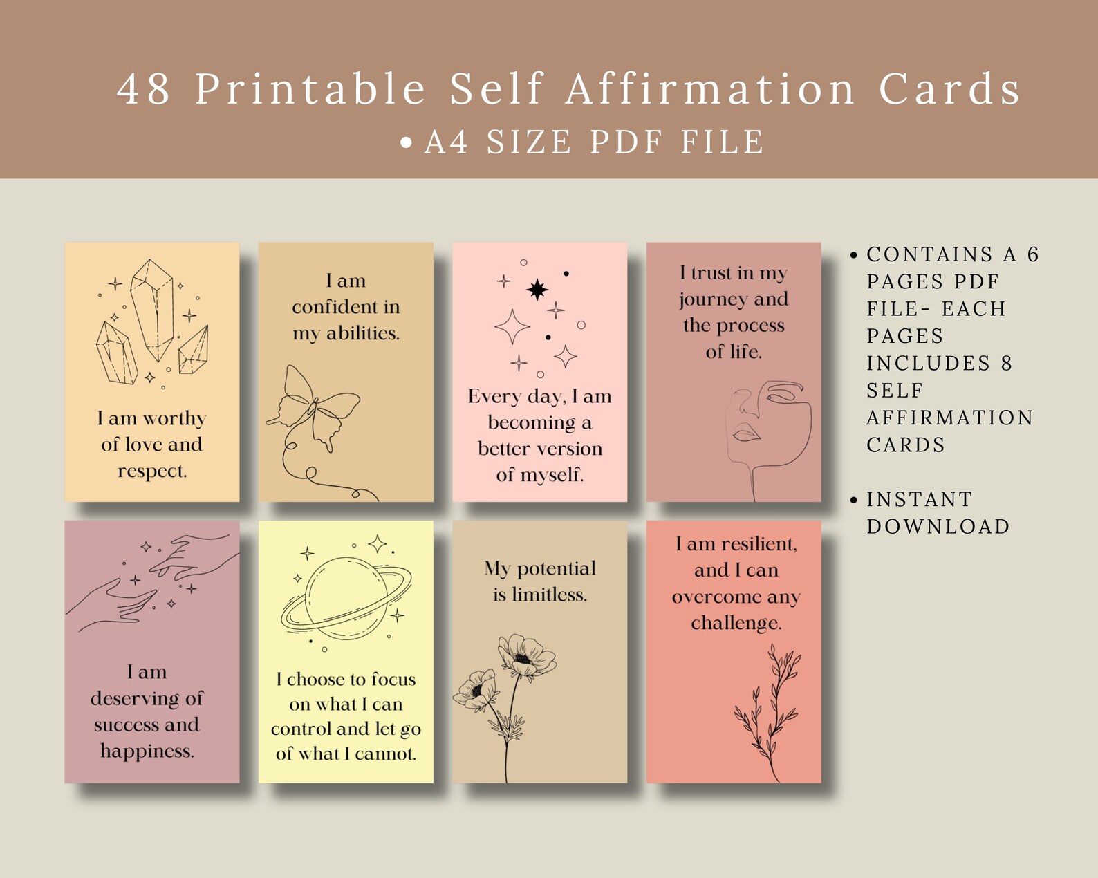 48 Self Affirmation Cards Digital Download Mindfulness Affirmations ...