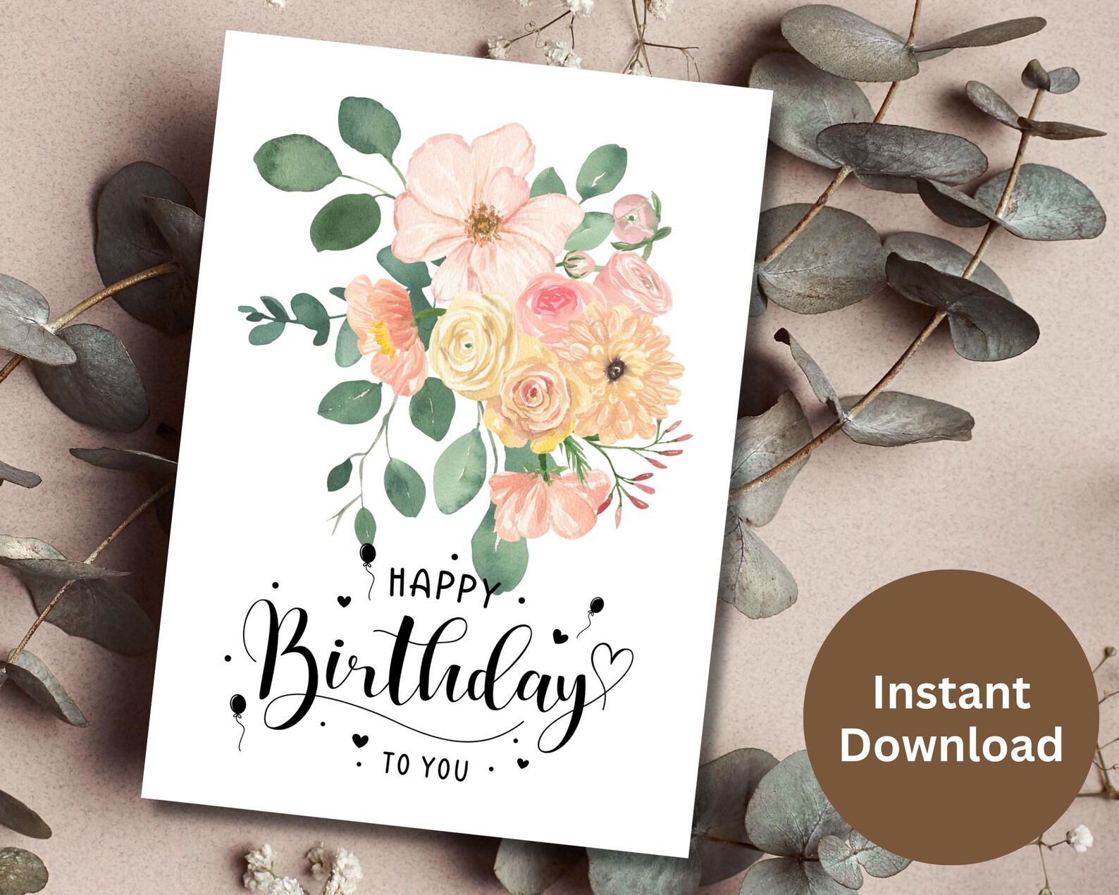Printable Happy Birthday Card Watercolor Pink Floral Card Sending You ...