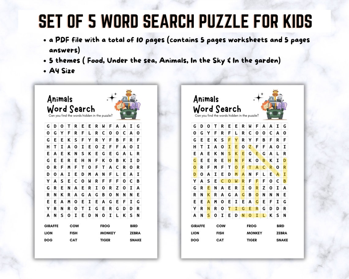 Set of 5 Word Search Puzzle Worksheet Printable With Answer for Kids ...
