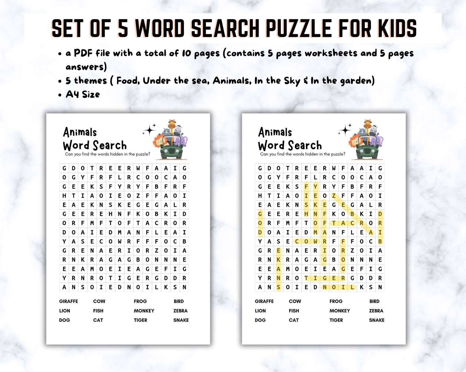Set of 5 Word Search Puzzle Worksheet Printable With Answer for Kids ...