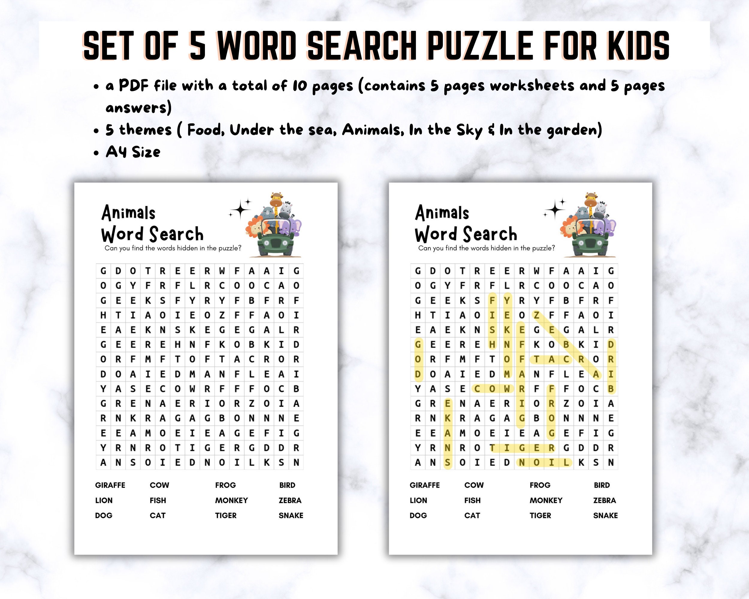 Set of 5 Word Search Puzzle Worksheet Printable With Answer for Kids ...