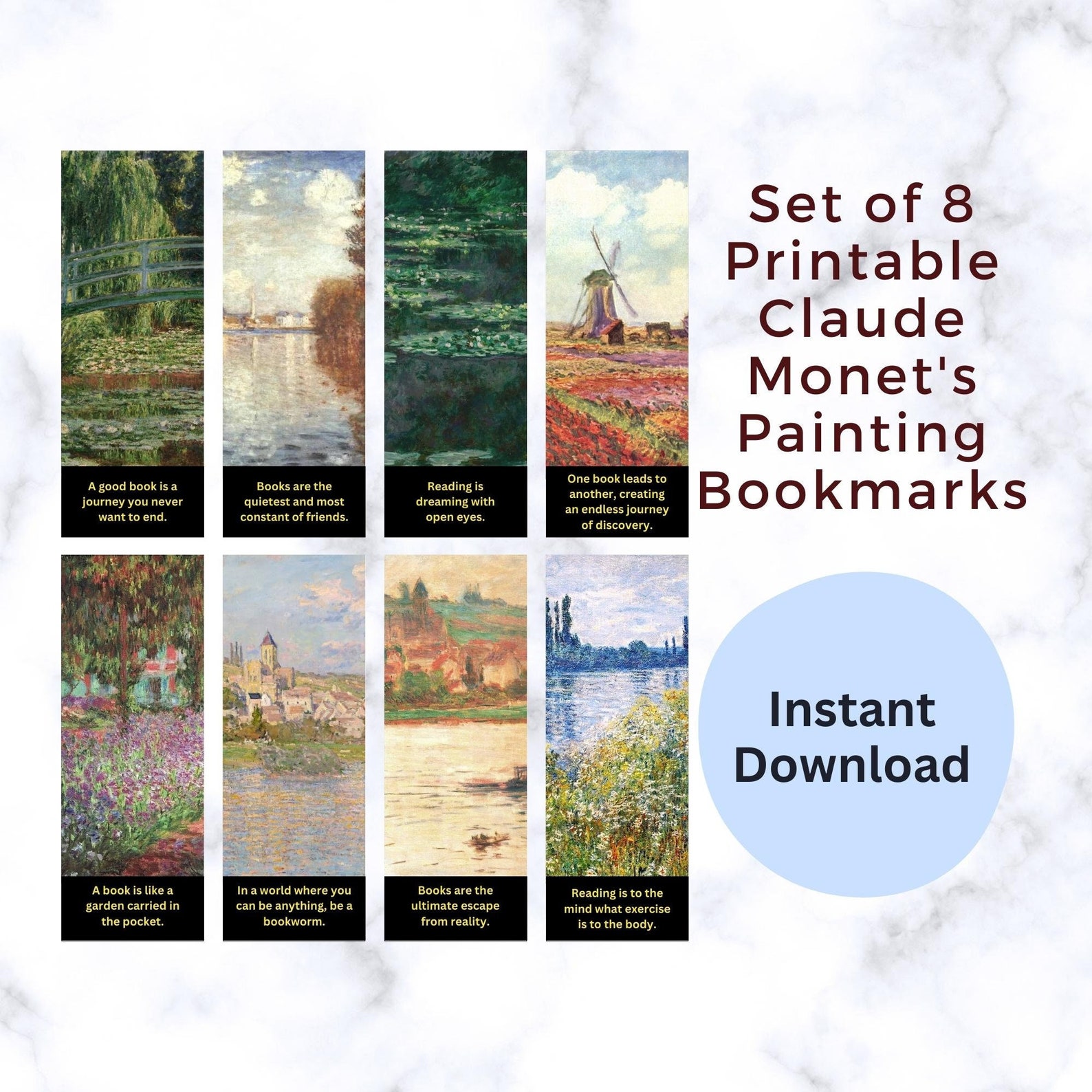 Claude Monet Art Printable Bookmarks Set Book Lover Gift Bookish ...