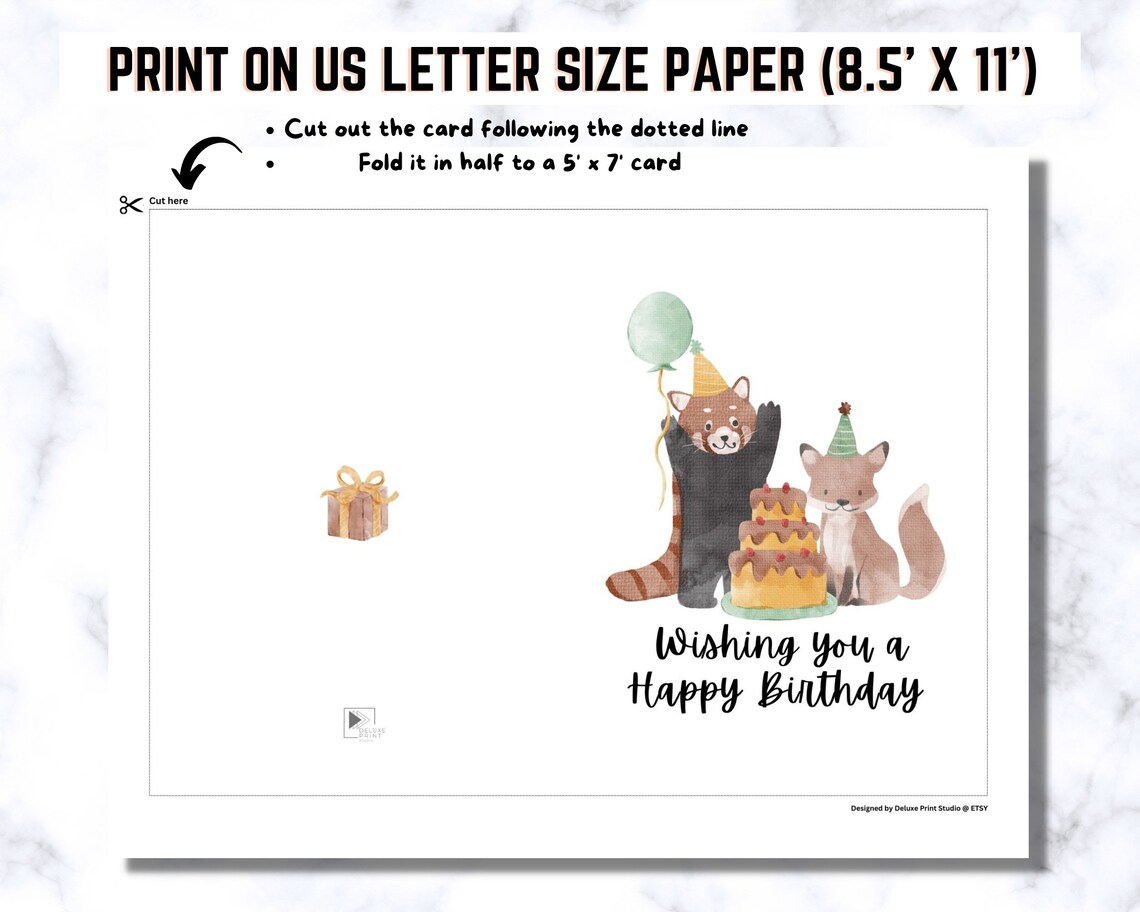 Watercolor Cute Animal Birthday Card Printable Happy Birthday Gift for ...