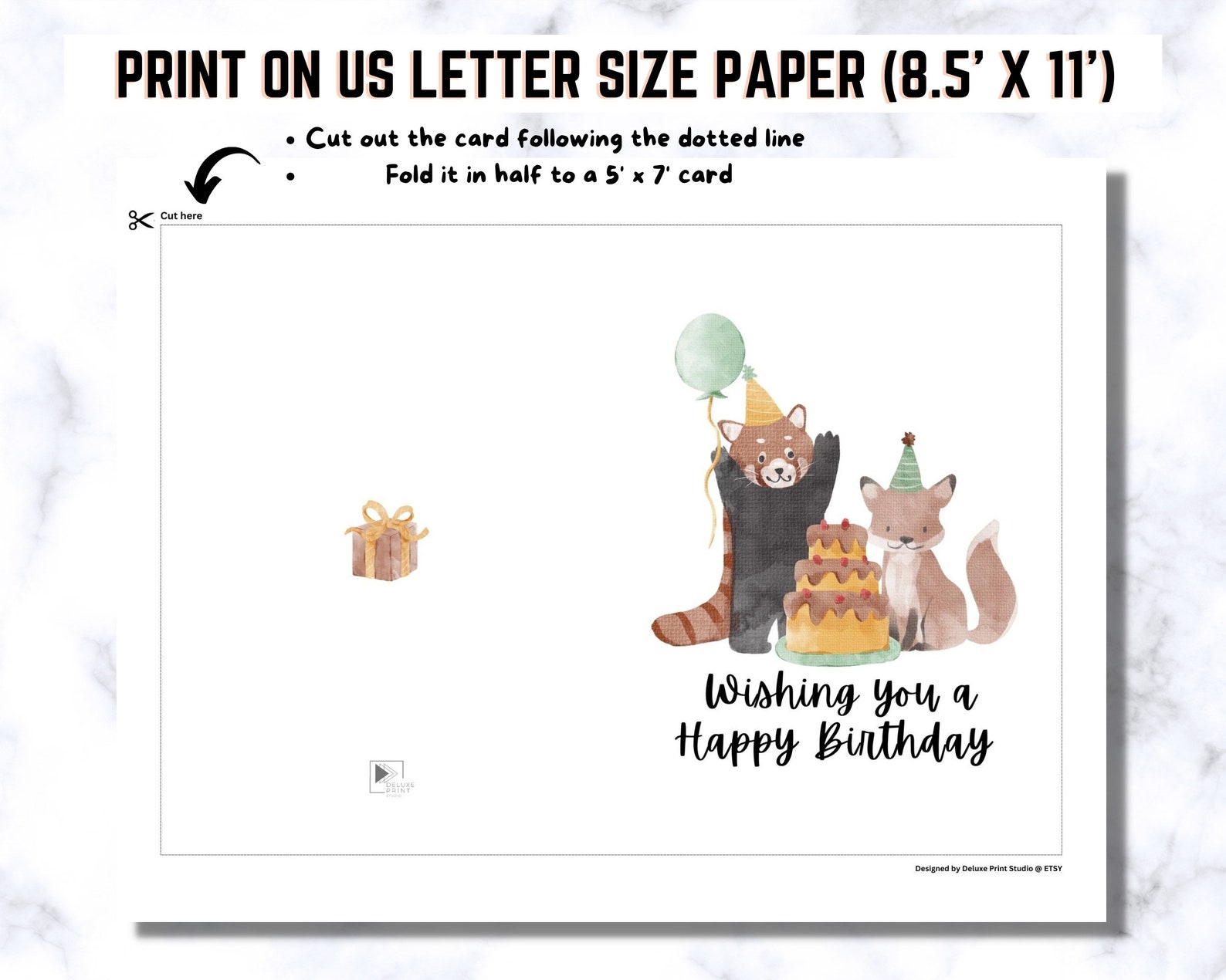 Watercolor Cute Animal Birthday Card Printable Happy Birthday Gift for ...
