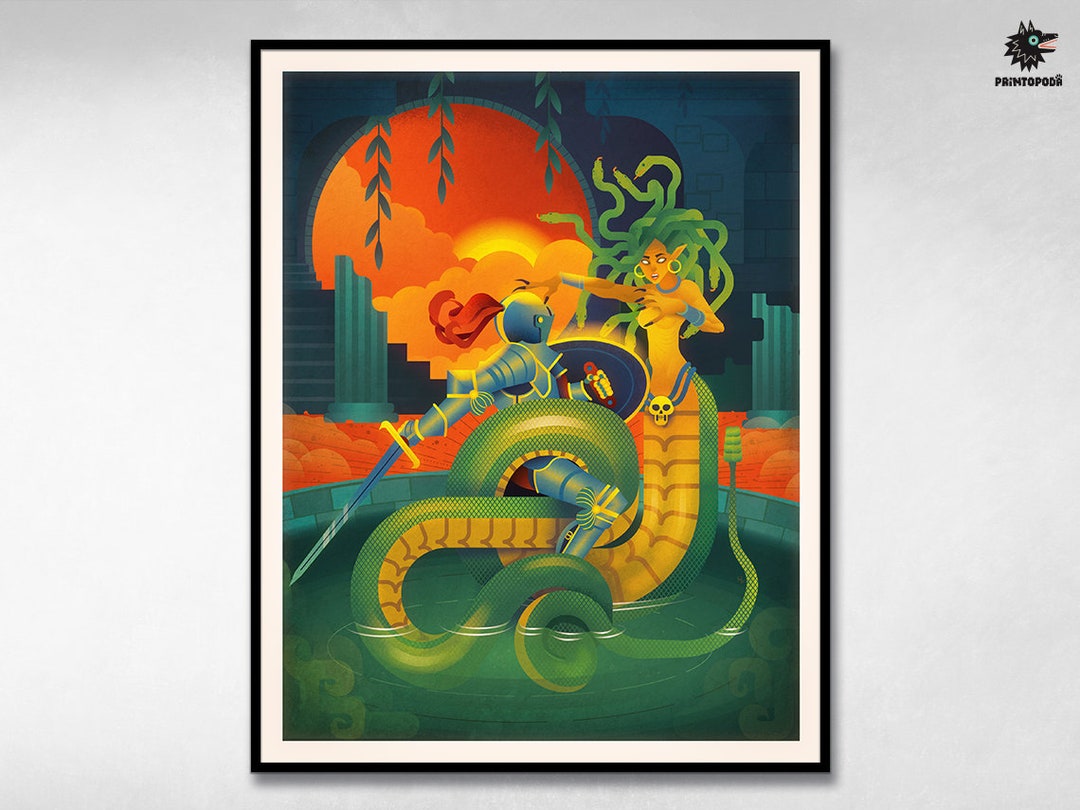 Fighting the Medusa Print, Room Wall Art, Knight Vs Medusa Print ...