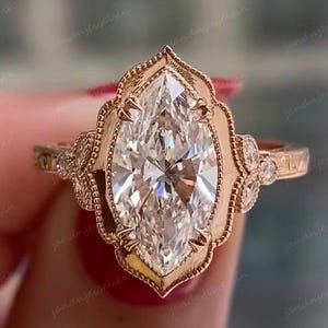 Art Deco Marquise Engagement Ring Vintage Milgrain Halo Ring 14K Gold ...