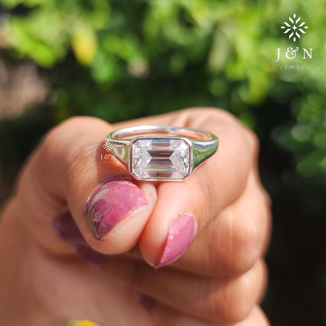 East West Emerald Cut Moissanite Engagement Ring Full Bezel Ring 14k ...