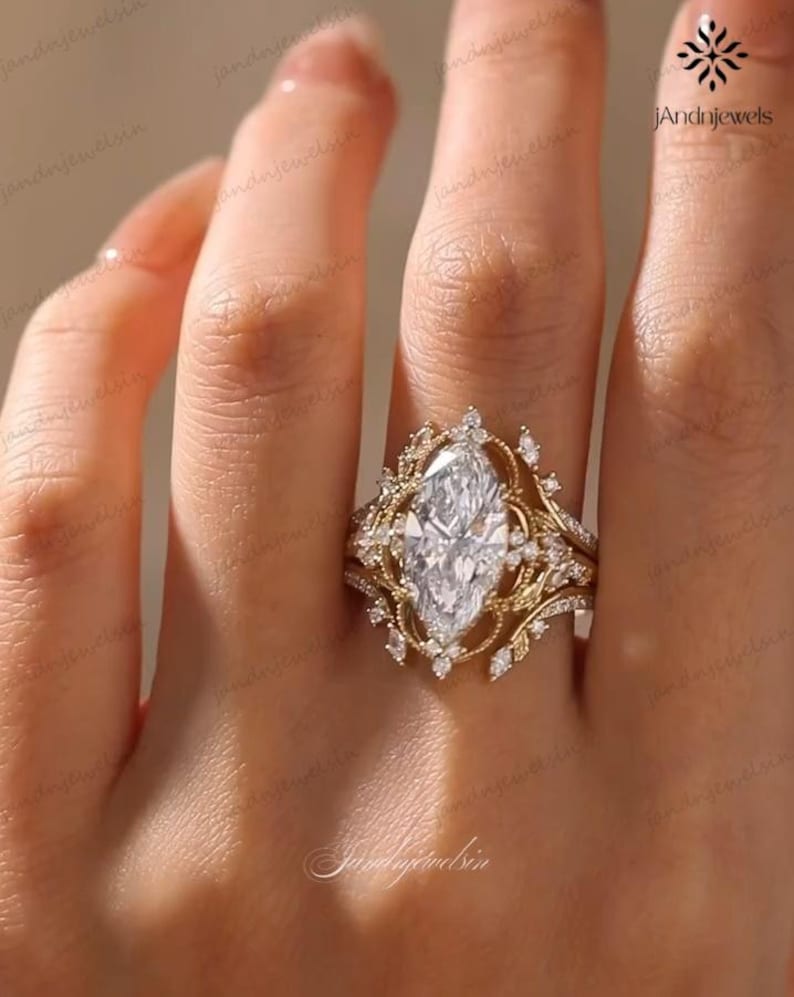 Art Deco Marquise Cut Moissanite Engagement Ring With Enhancer Bands ...