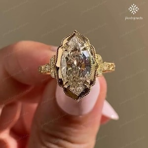 Art Deco Marquise Engagement Ring Vintage Milgrain Halo Ring 14K Gold ...