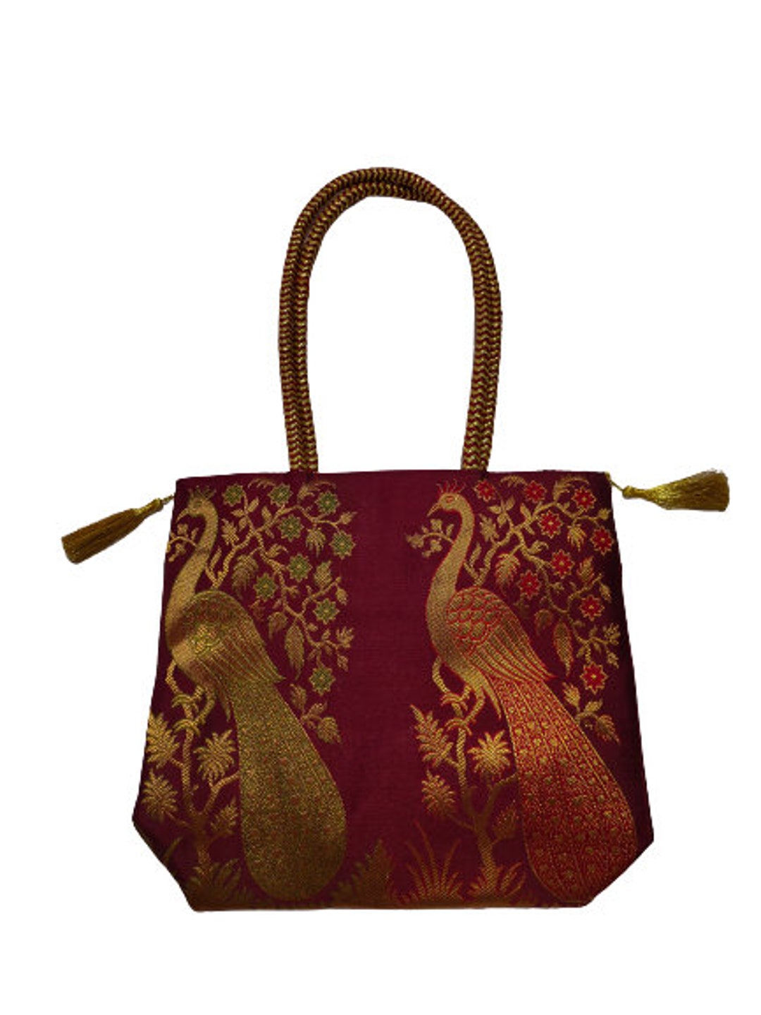 Mehroon With Peacock Design Women's Banarasi Brocade Silk Bag Handmade ...