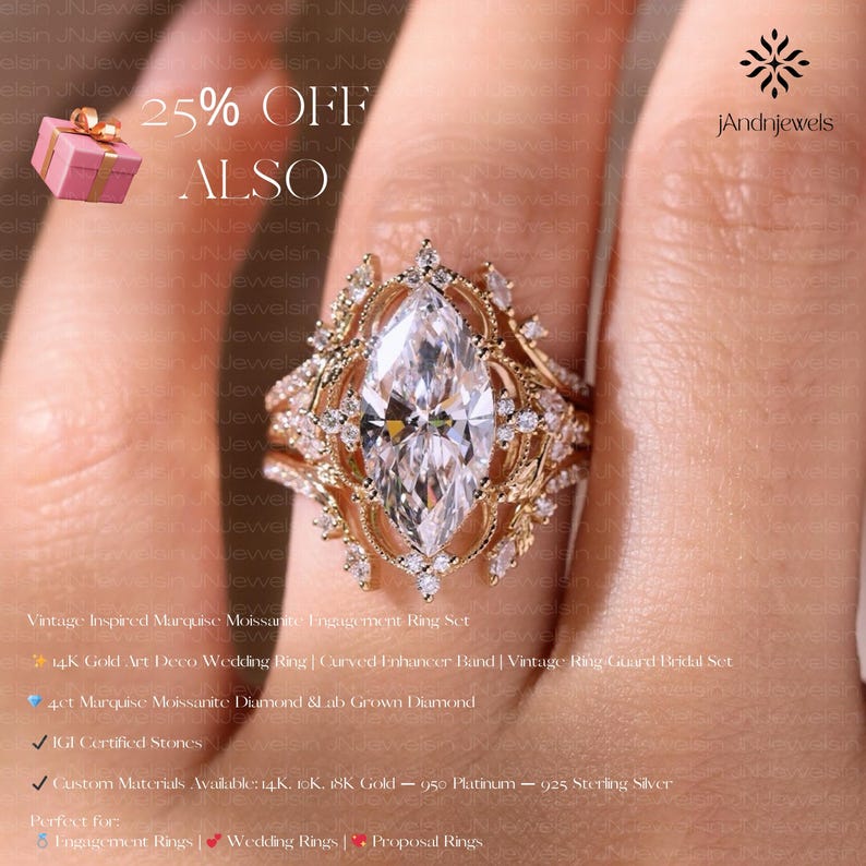 Art Deco Marquise Cut Moissanite Engagement Ring With Enhancer Bands ...