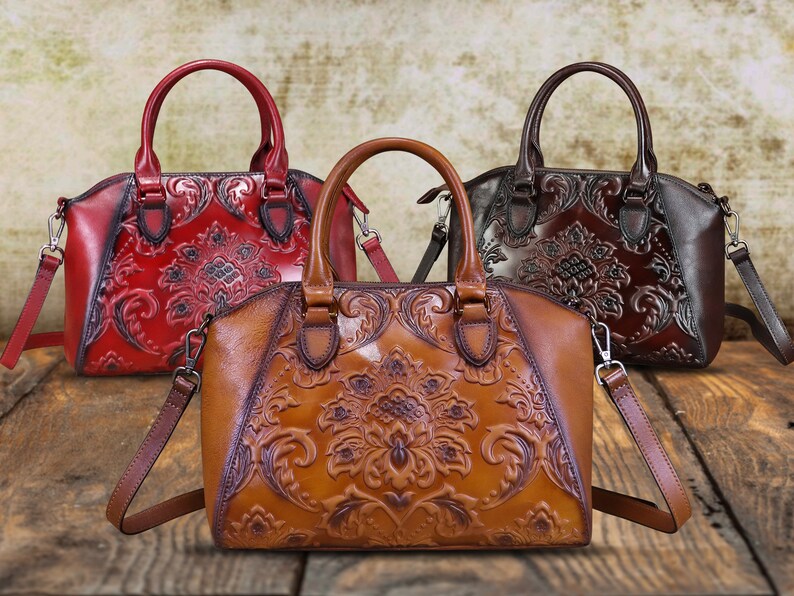 Genuine Leather Handbags for Women Retro Embossed Leather Shoulder Bag ...