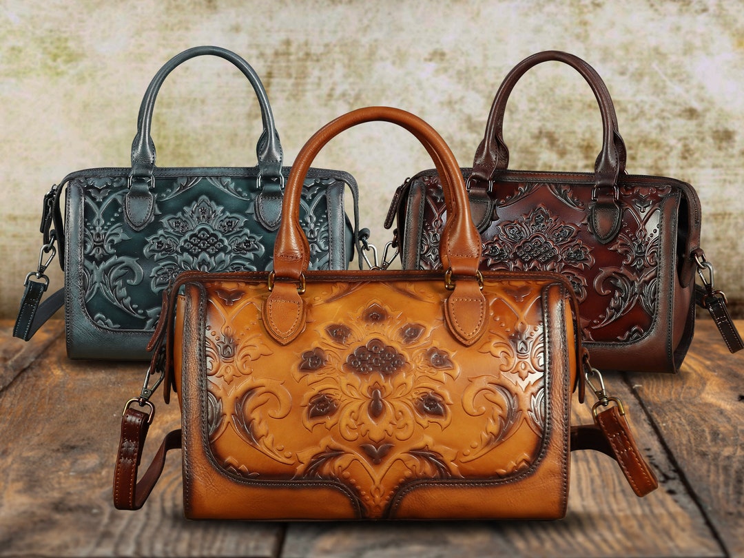 Genuine Leather Handbags for Women Retro Embossed Leather Shoulder Bag ...