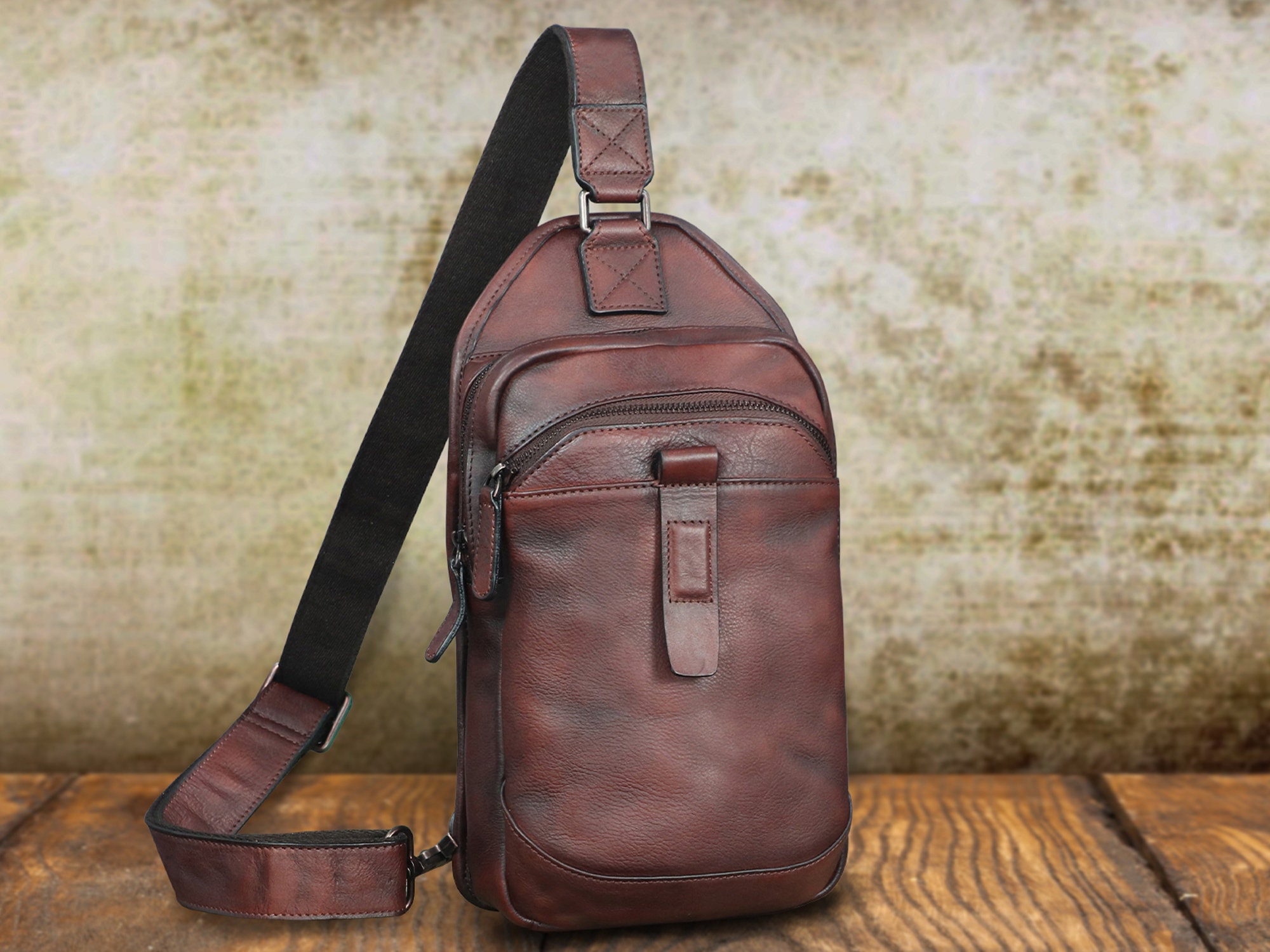 Genuine Leather Sling Bag Retro Style Handmade Crossbody Daypack Hiking ...