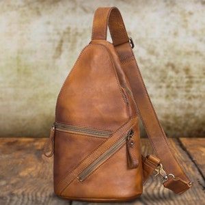 Genuine Leather Sling Bag Retro Style Handmade Crossbody Daypack Hiking ...