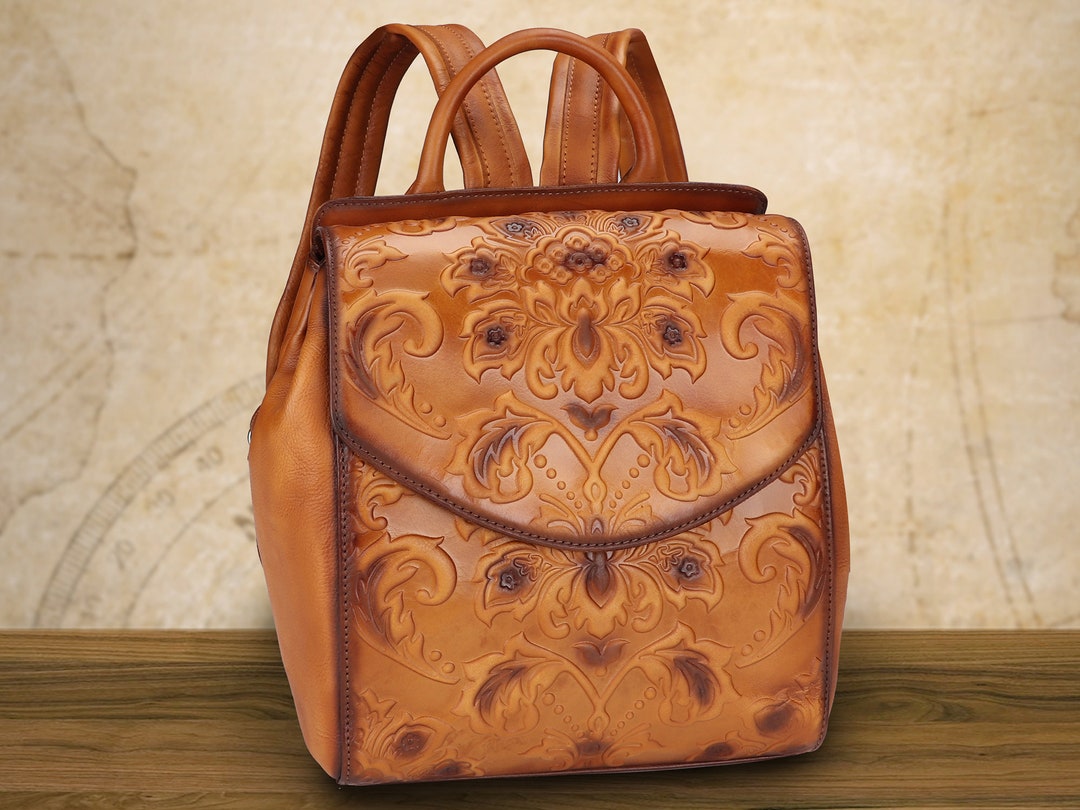 Genuine Leather Backpack Purse Vintage Embossed Casual Daypack - Etsy