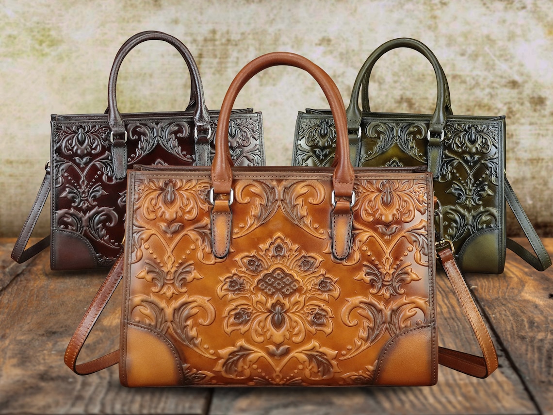 Genuine Leather Handbags for Women Retro Embossed Leather Shoulder Bag ...