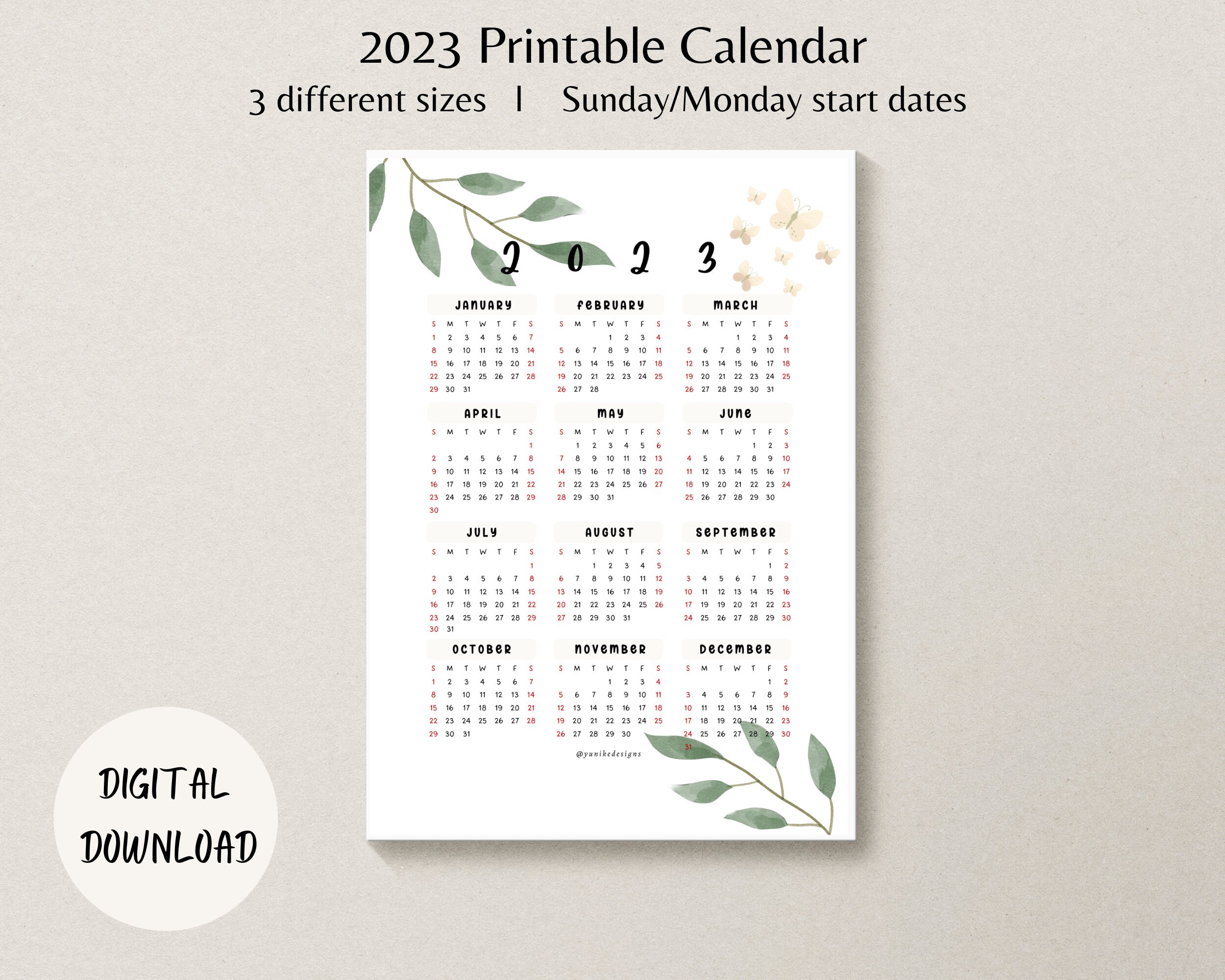 2023 Calendar, Printable Calendar, Sunday & Monday Week Start - Etsy