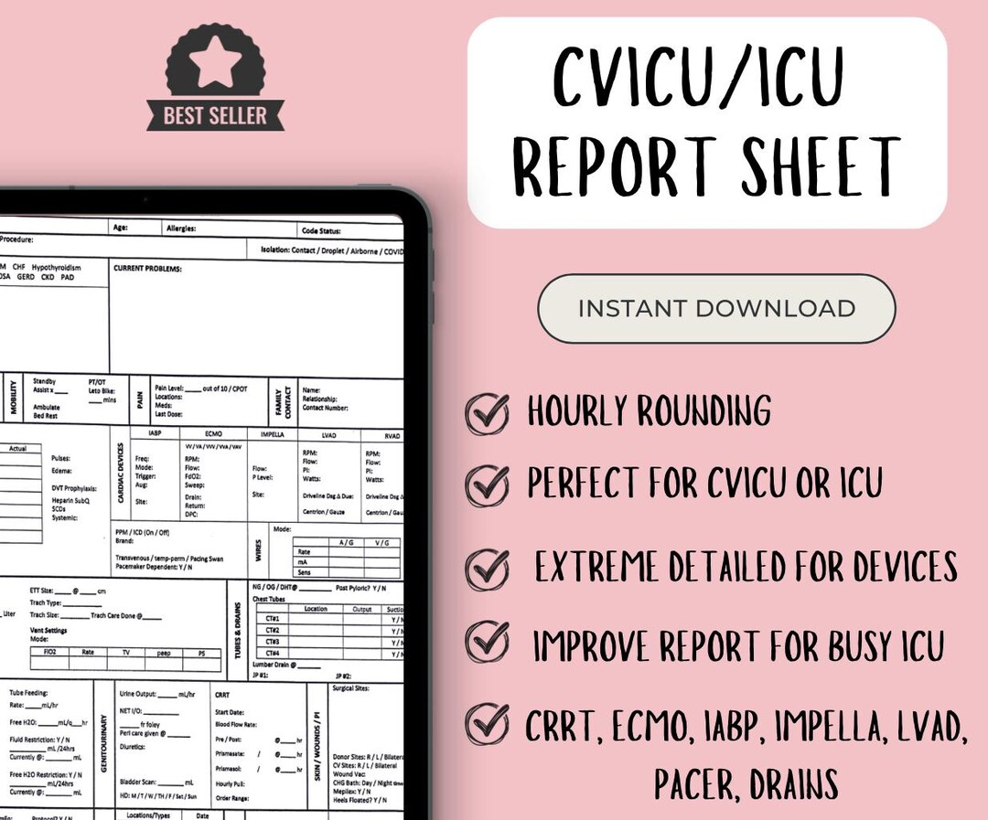 ICU Nurse Report Sheet for CVICU, Graduate Nurse, Device Report Sheet ...