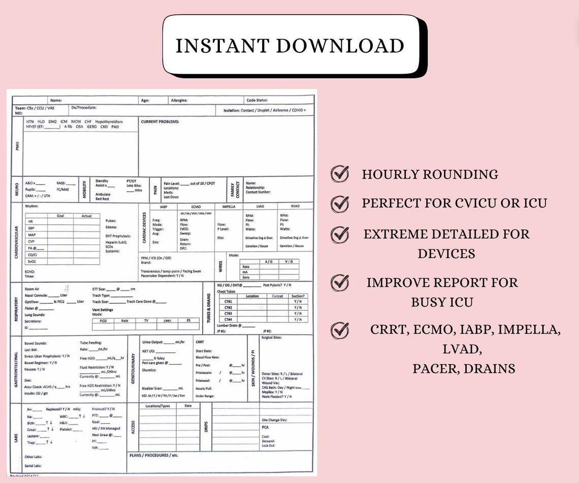 ICU Nurse Report Sheet for CVICU, Graduate Nurse, Device Report Sheet ...