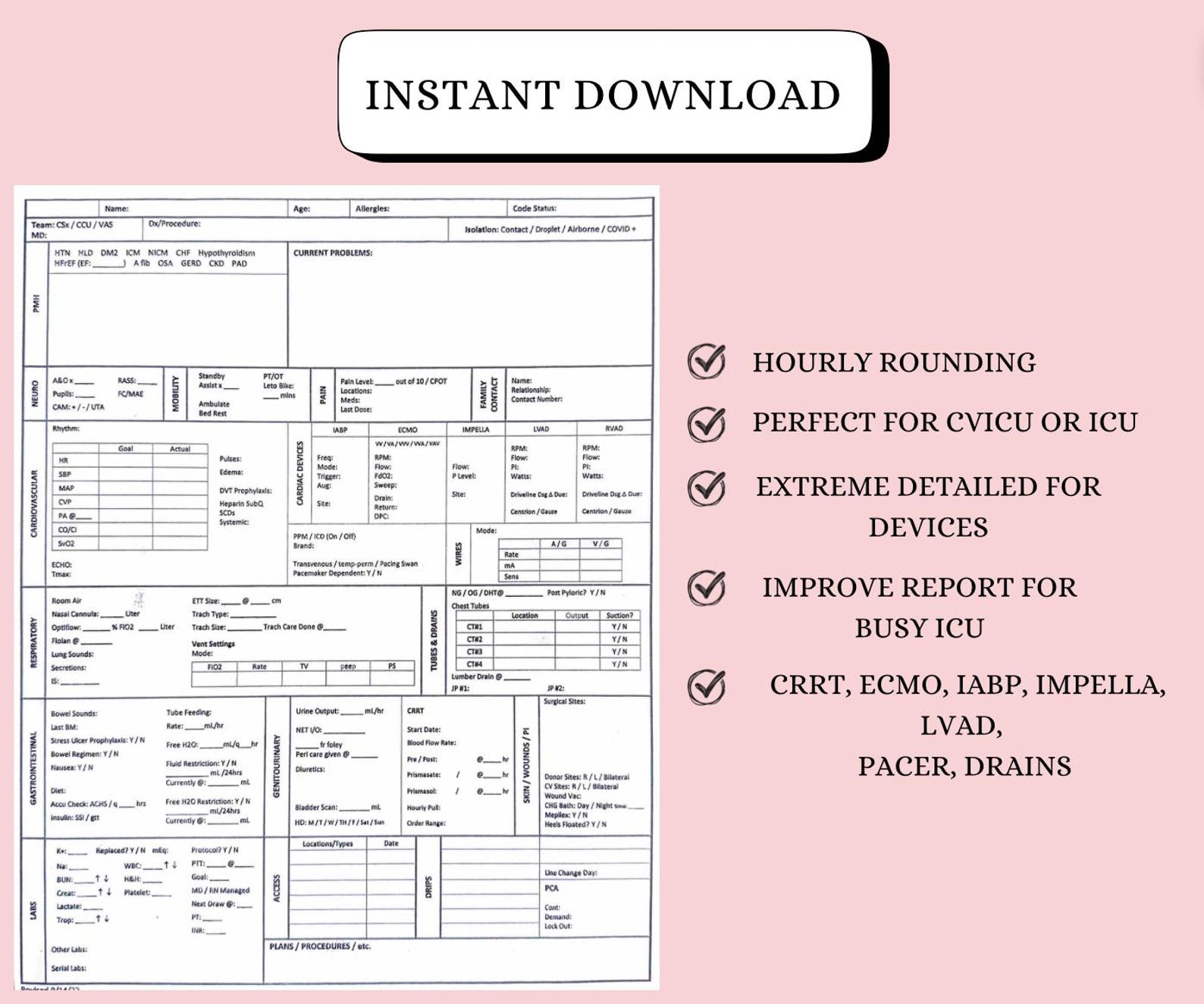 ICU Nurse Report Sheet for CVICU, Graduate Nurse, Device Report Sheet ...
