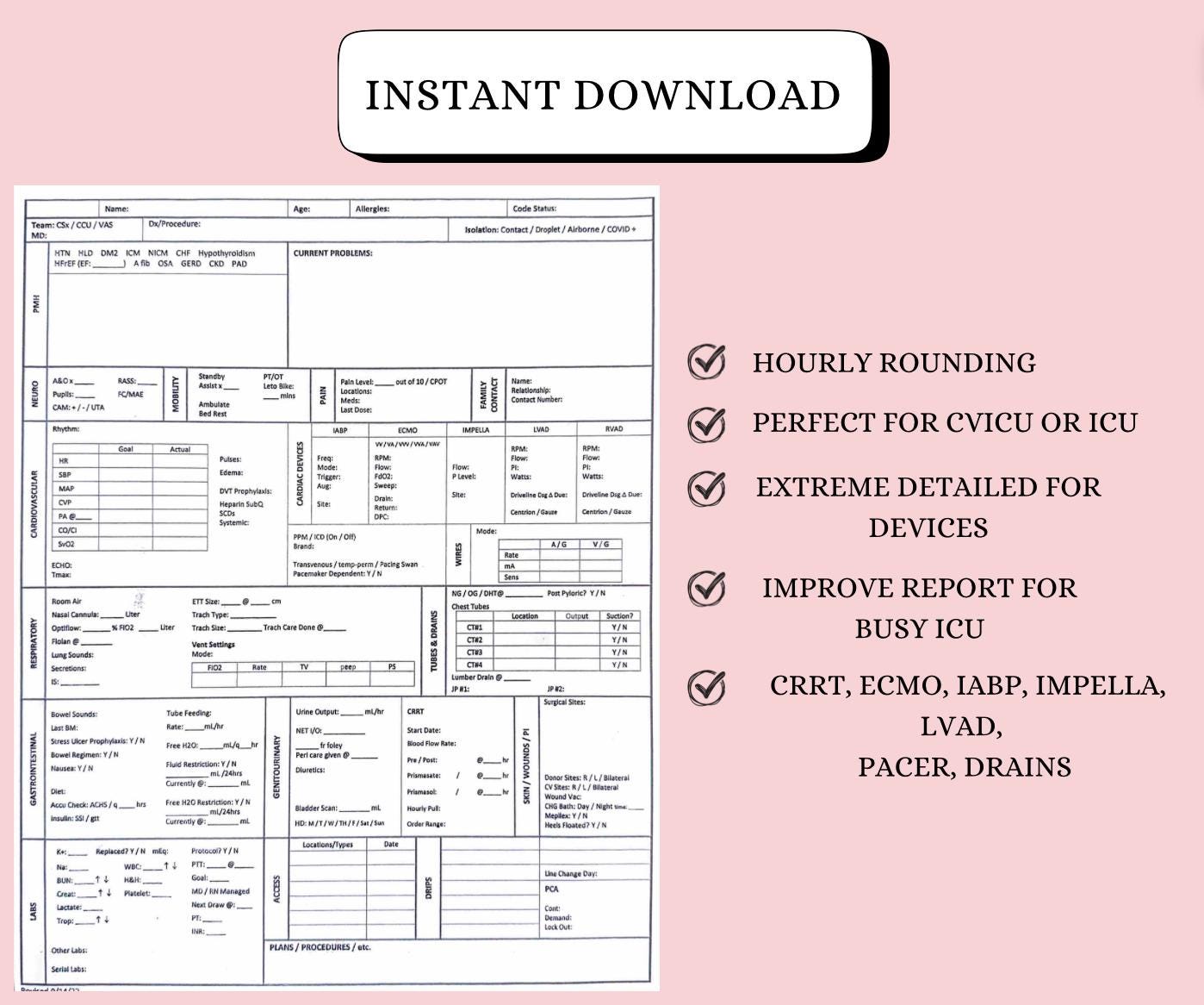ICU Nurse Report Sheet for CVICU, Graduate Nurse, Device Report Sheet ...
