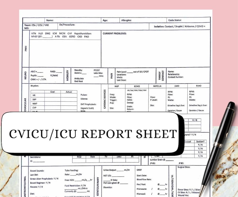 ICU Nurse Report Sheet for CVICU, Graduate Nurse, Device Report Sheet ...