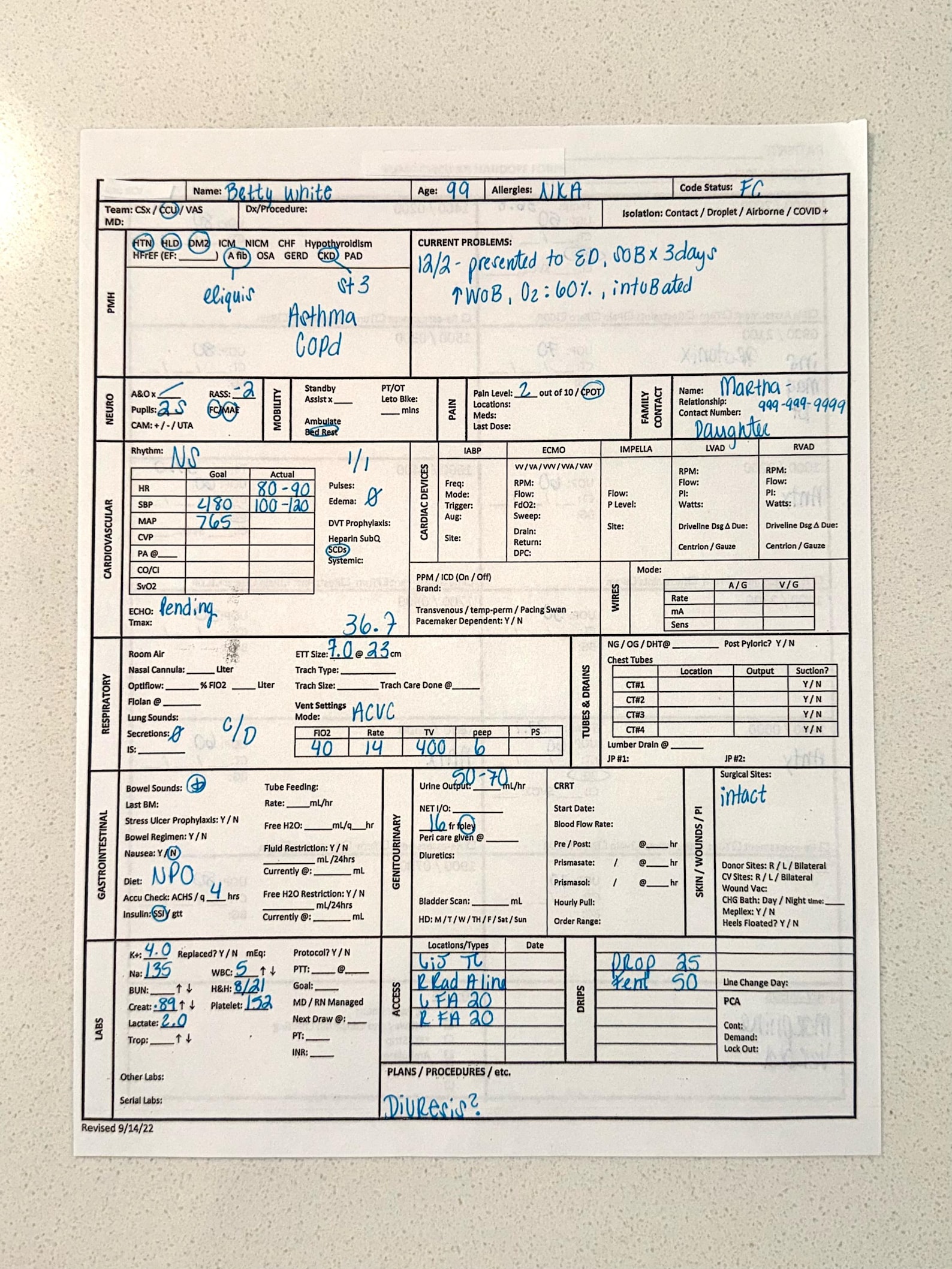 ICU Nurse Report Sheet for CVICU, Graduate Nurse, Device Report Sheet ...