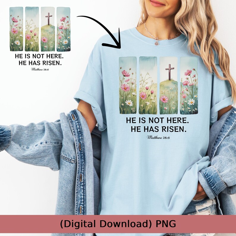 He Has Risen Cross Floral PNG, Matthew 28:6 Easter Scripture Art ...