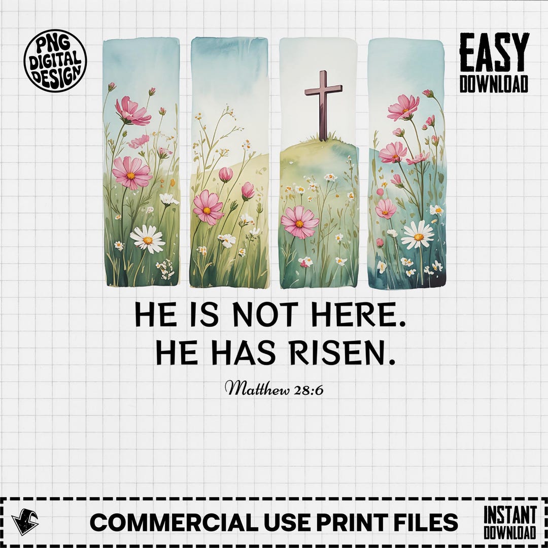 He Has Risen Cross Floral PNG, Matthew 28:6 Easter Scripture Art ...