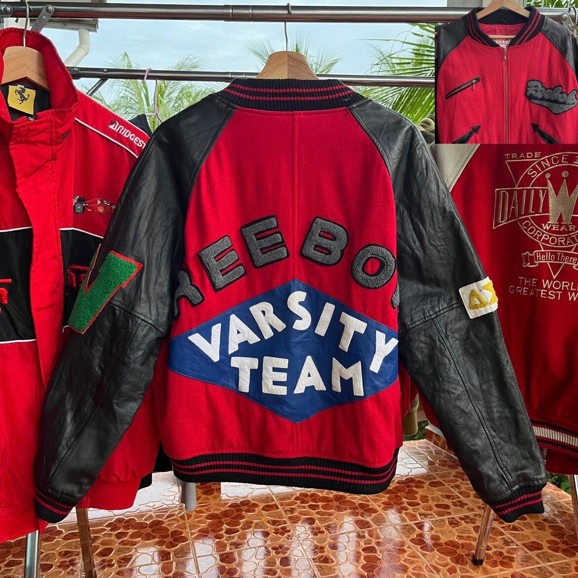 Vintage 90's Reebok Leather Sleeve Bomber Jacket - Etsy Vintage 90's Reebok Leather Sleeve Bomber Jacket - Etsy
