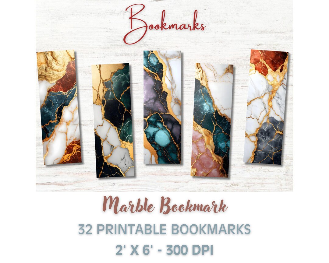 Colorful & Gold Marble Printable Bookmarks, 32 PNG/JPG Digital ...