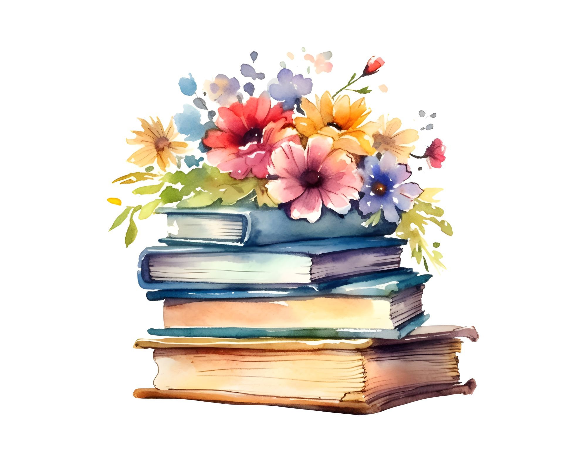 Books and Flowers Clipart, 14 Jpgs, Watercolor Books, Books Images ...