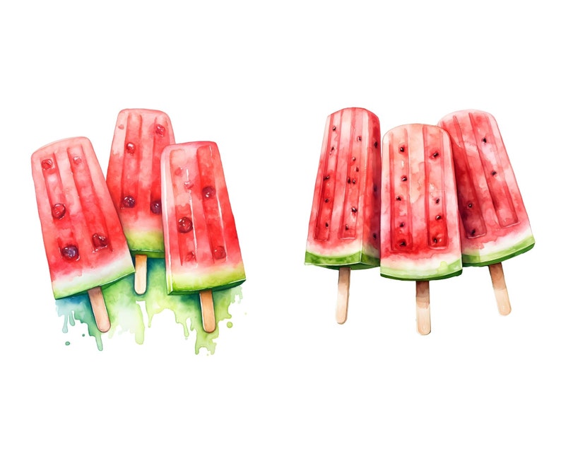 Watermelon Popsicle Clipart: 16 Watercolor Summer PNG Images (digital ...