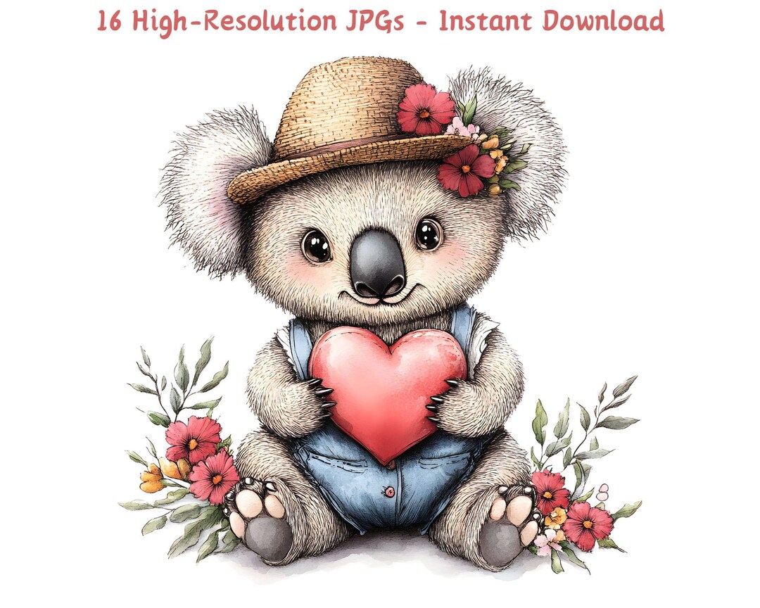 Watercolor Valentine Koala Clipart, Koala With Hat & Red Heart, 16 JPG ...