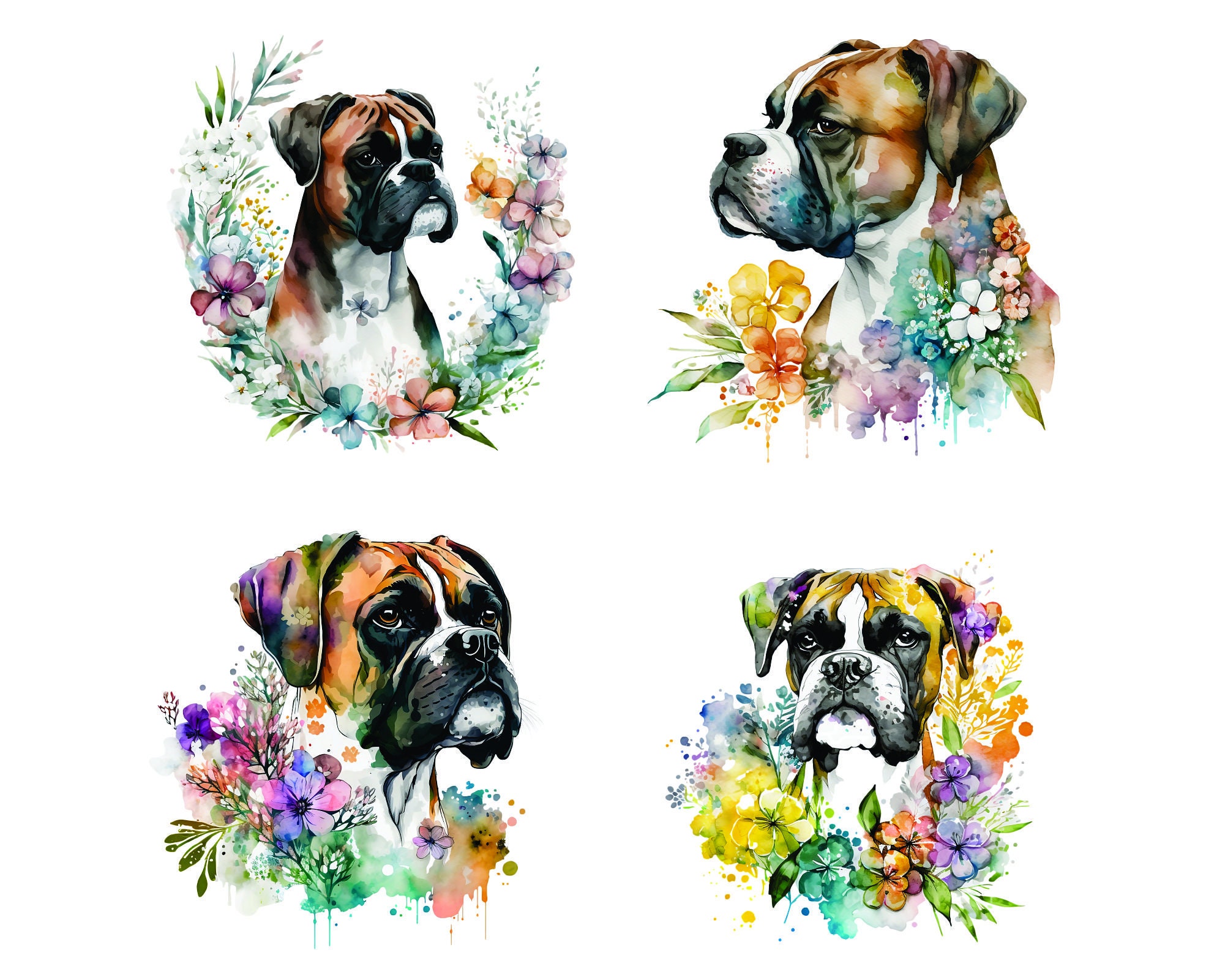 Set of 12 Boxer Clipart, Spring Boxer Dog With Flowers, Watercolor ...
