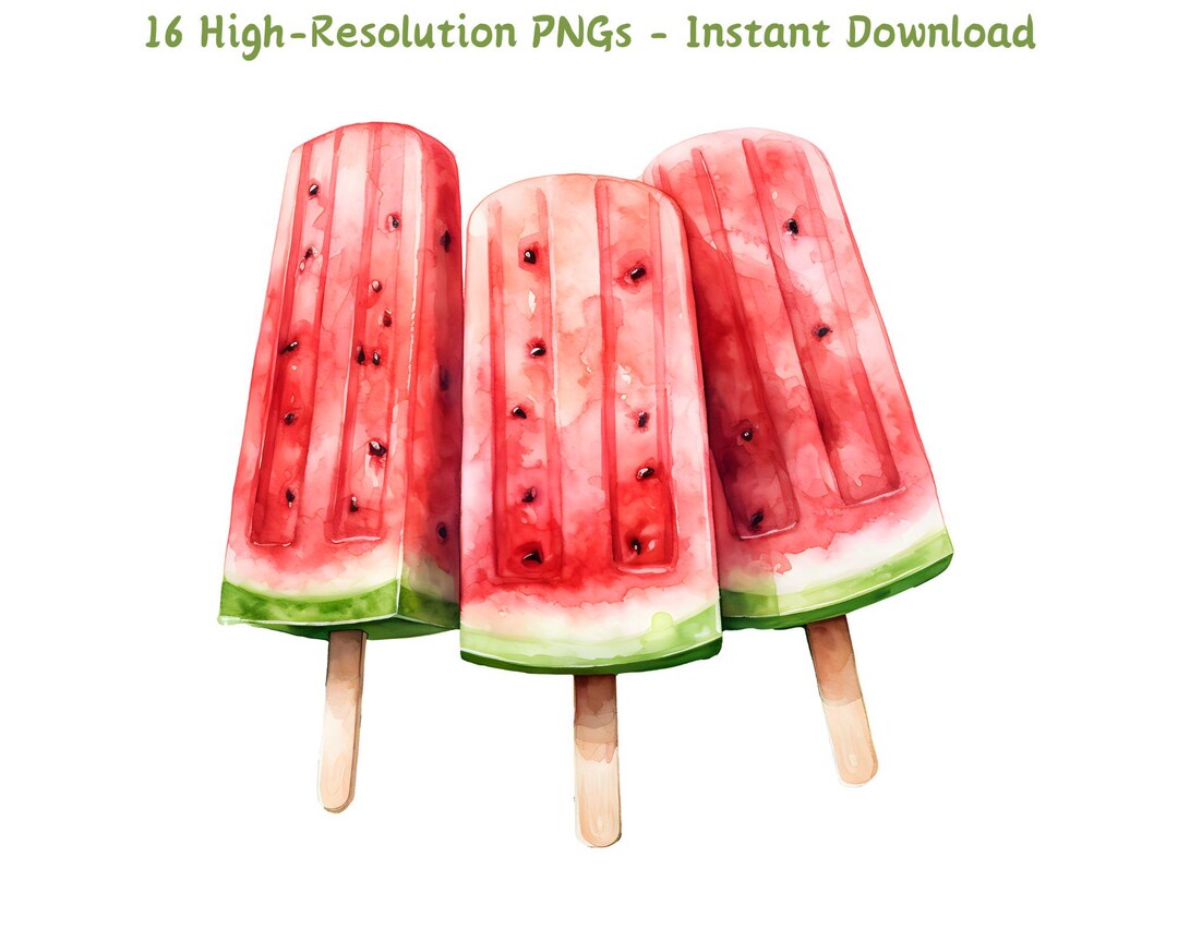 Watermelon Ice Cream Clipart, 16 PNG Watercolor Popsicle Images, Summer ...